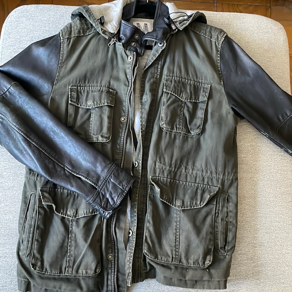 Members Only Green + Leather Hooded Jacket, Size M - Gem